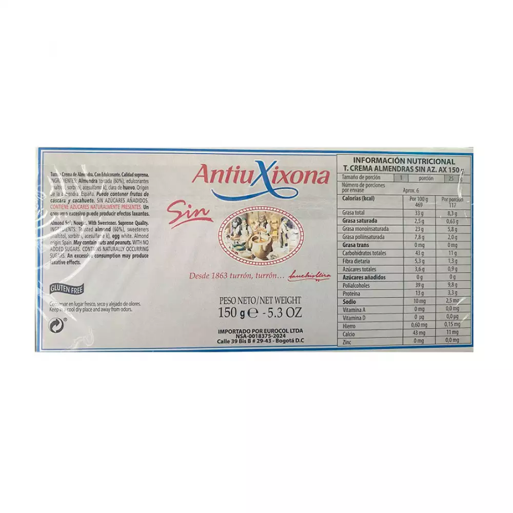 Turron Espanol Antiu Xixona Sin Azucar 150 Gr Almendra 3118 - Home Sentry