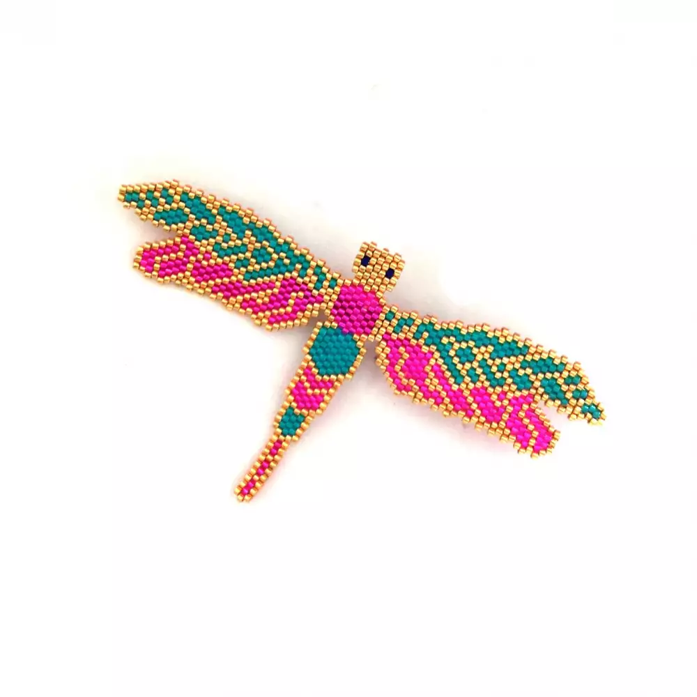 PRENDEDOR LIBELULA EN TONOS FUCSIA Y AGUAMARINA - La Plaza Morada