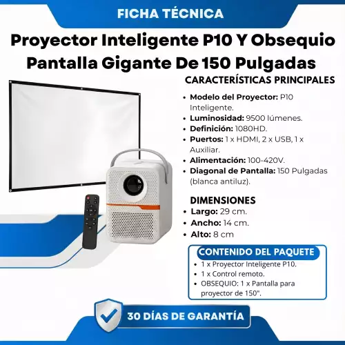 Proyector Inteligente P10 Y Obsequio Pantalla Gigante De 150 Pulgadas ...